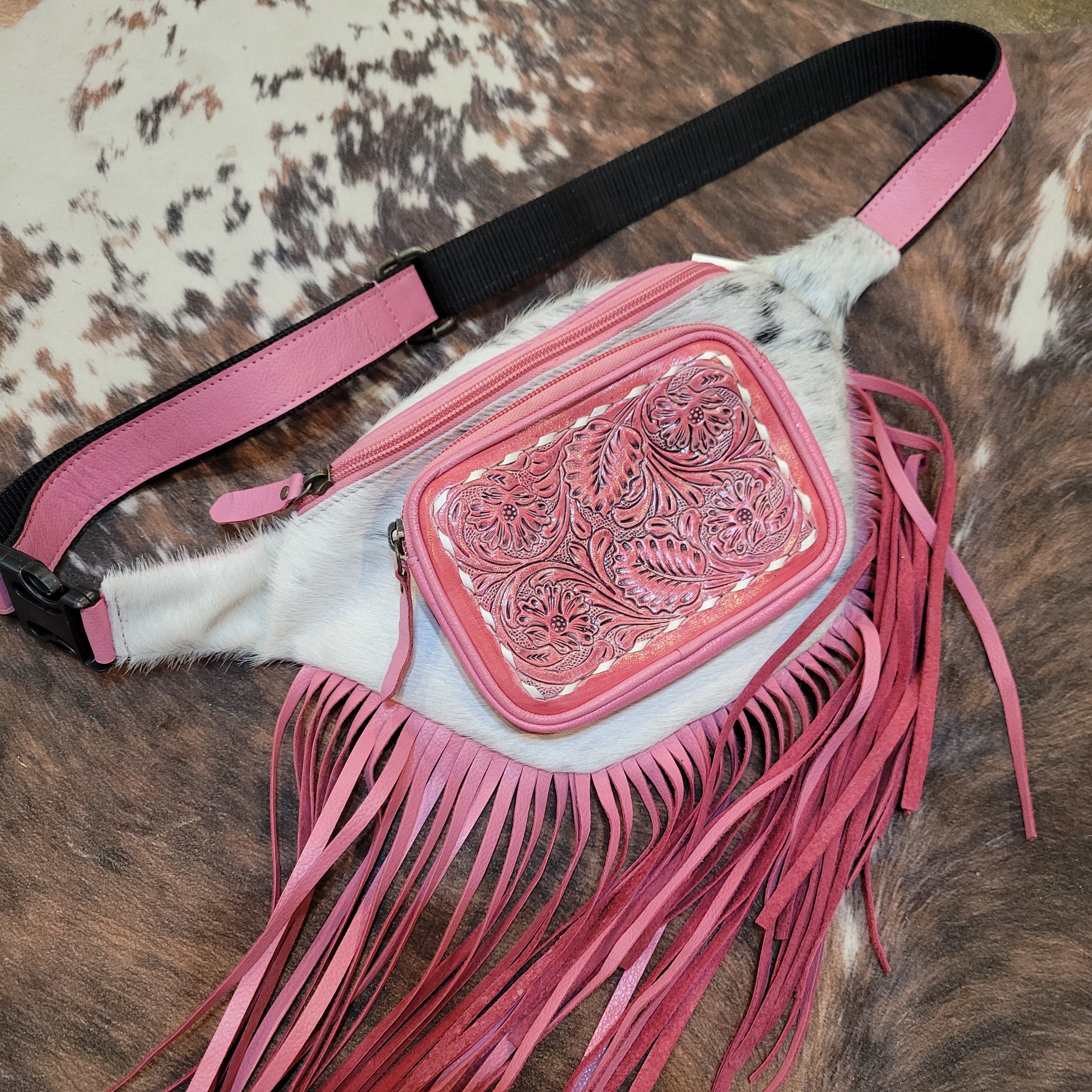 Cow Hide Fanny Pack with Fringe - Pink Tooled Leather – Gravel Road ...